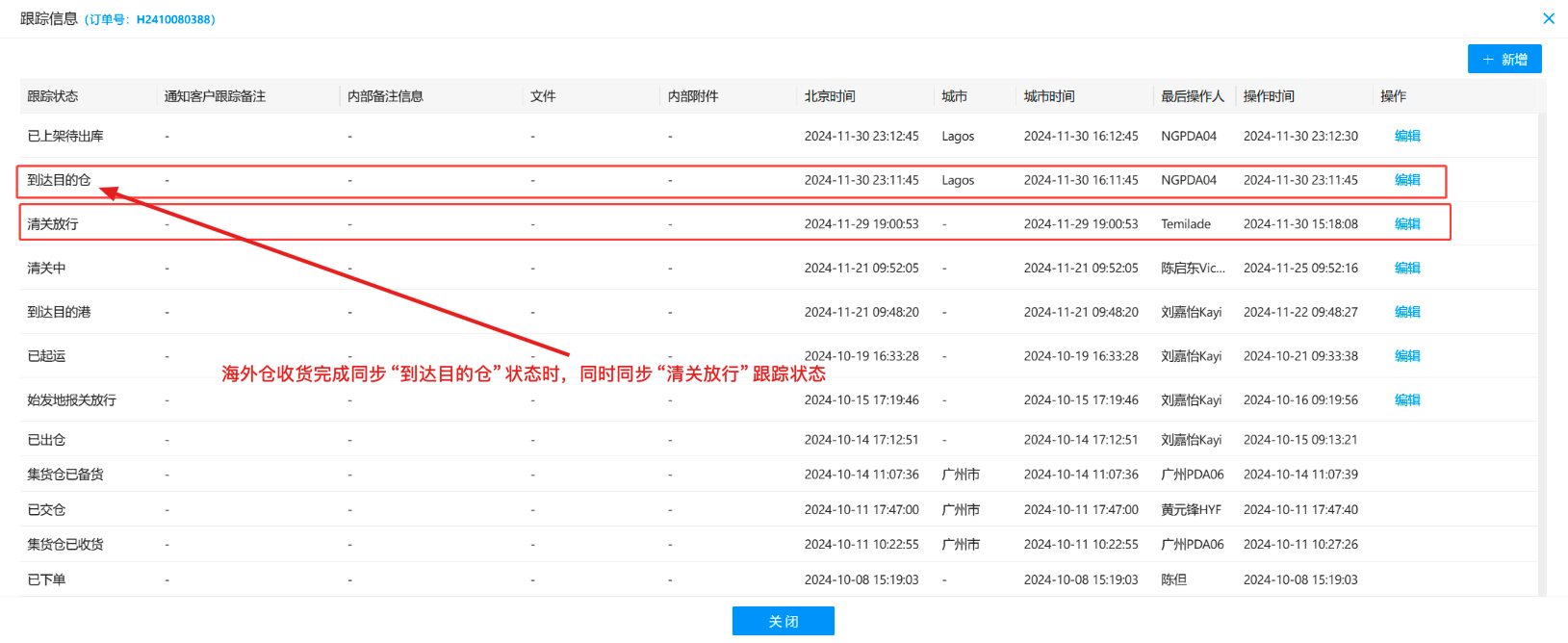 Story 2761 【物流订单管理 订单跟踪】海外订单使用pda收货完成后，同步 到达目的仓”或 到达中心仓”状态时，同时同步 清关放行